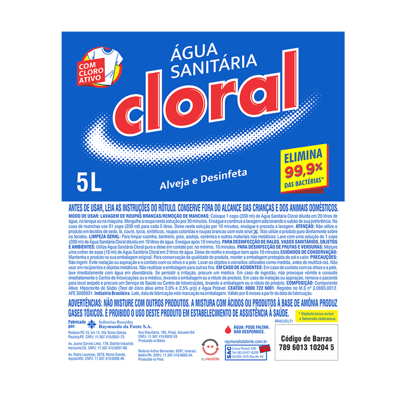 Água Sanitária Cloral 5l